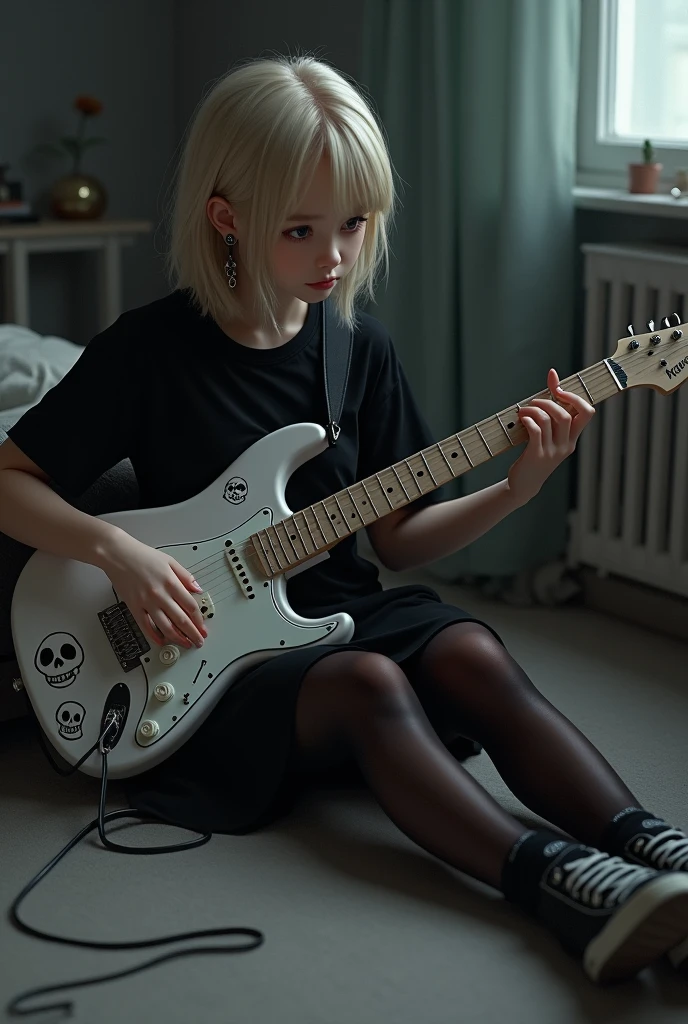 An emo girl girl silver hair red eyes white skin small mouth without ...