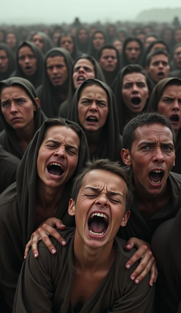 "Show a desperate crowd , with expressions of hunger and concern ...