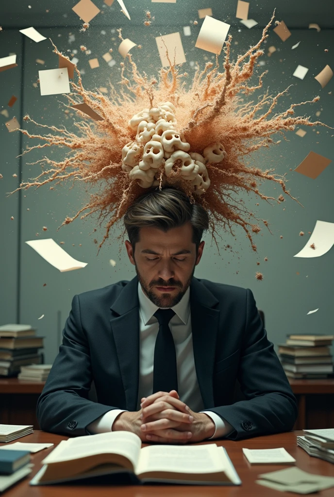 (photorealism) businessman sitting, head exploding, pieces of the brain ...