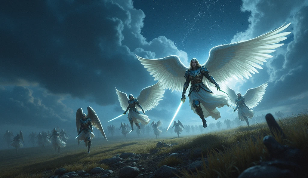 Do you have an image of many warrior angels flying at night over the ...