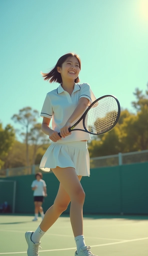 A Japanese high school girl playing tennis on a school court during ...