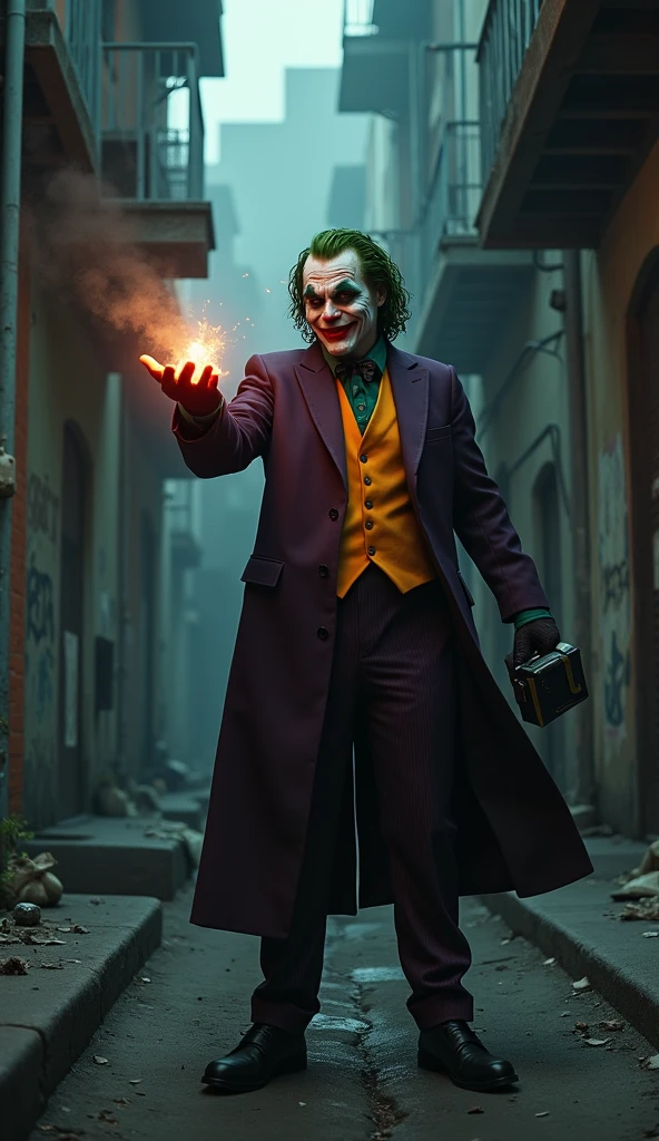 joker pressing the button of a detonator. The night in an alley - SeaArt AI