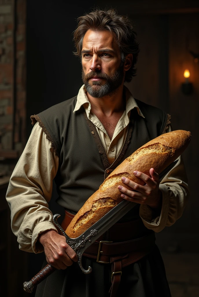 A man in the 16th century holding a very small long bread 🥖 with his ...