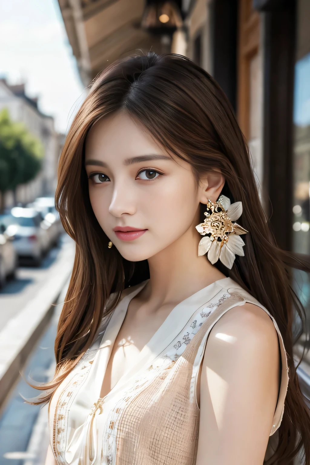 A woman with long hair wearing a dress and earrings - SeaArt AI