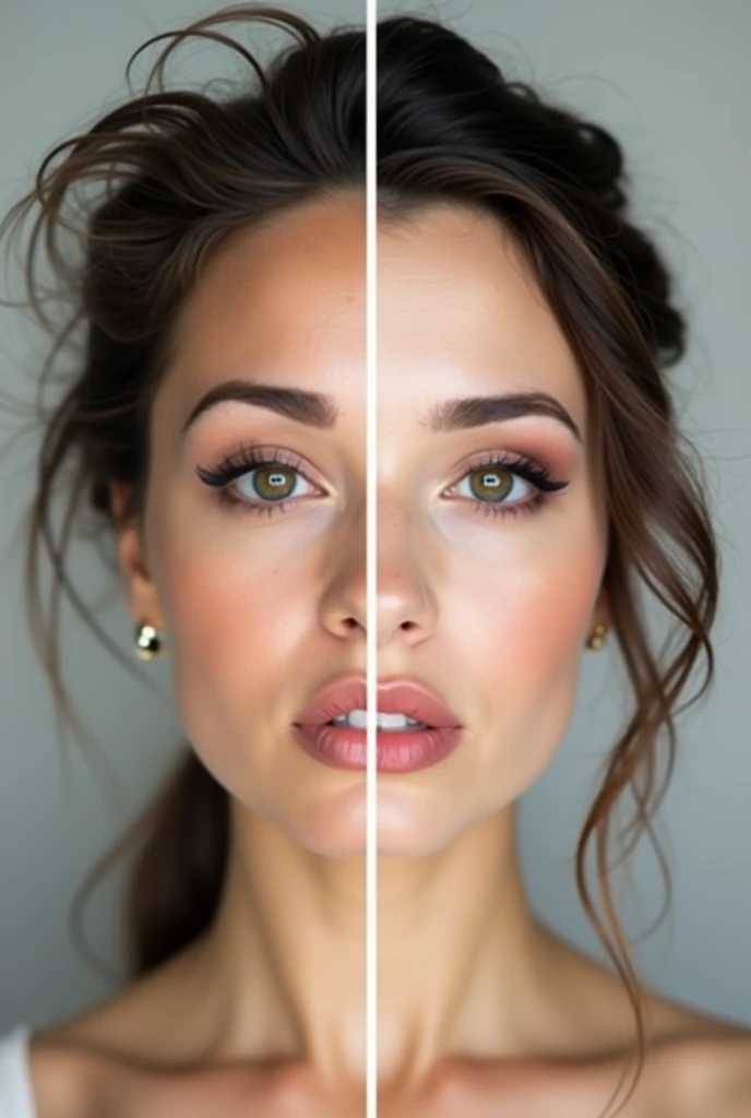 "A woman's face divided vertically into two halves. The left half ...