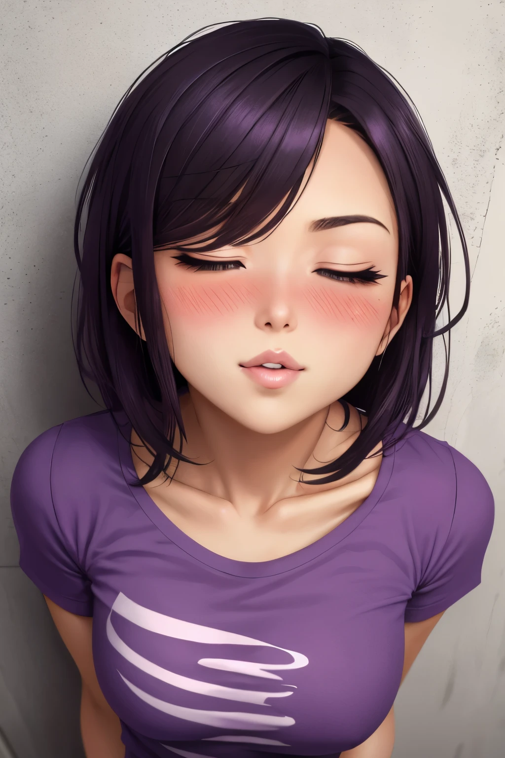 Anime girl with purple shirt and pink cheeks posing for the camera ...
