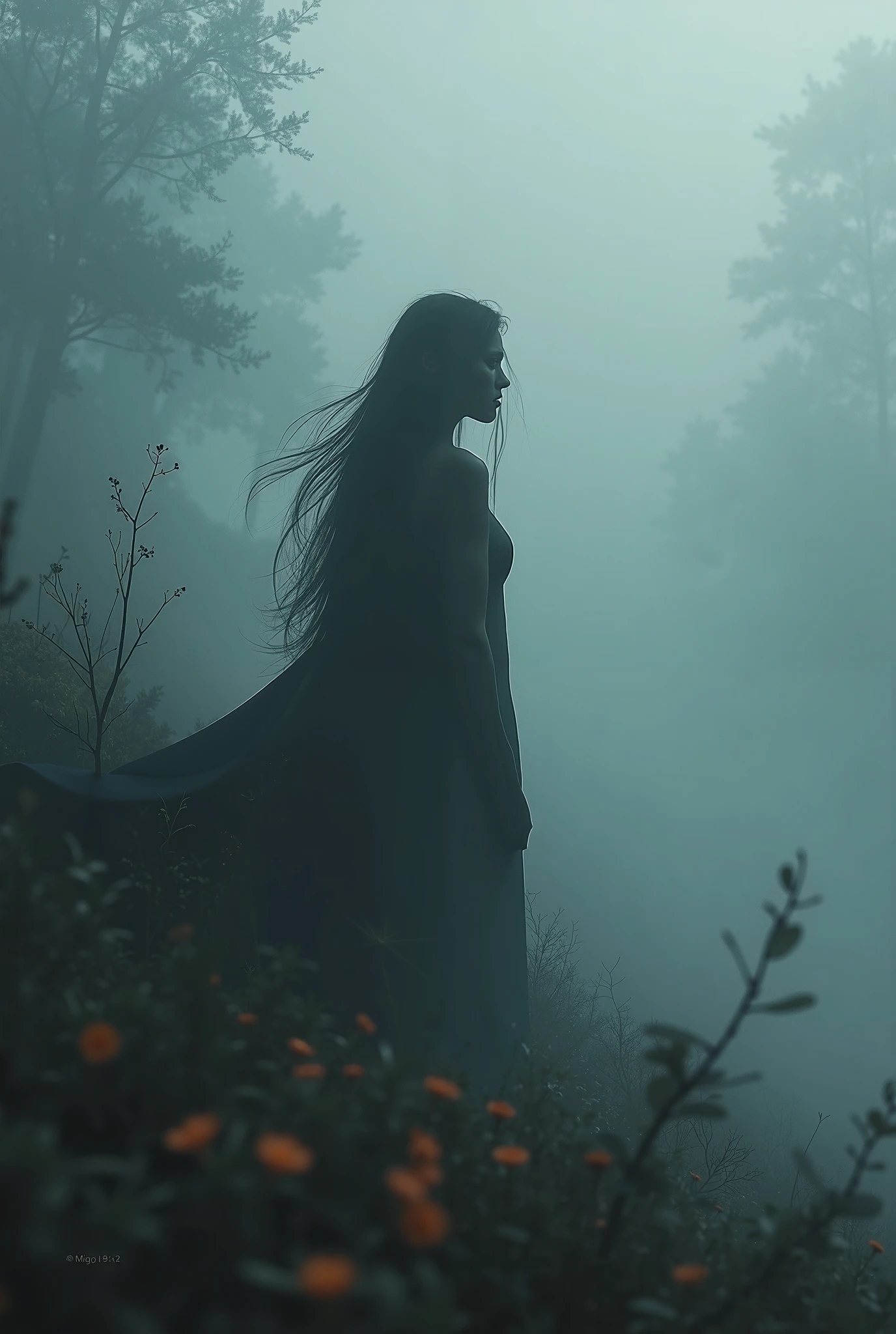 There is a woman standing in the fog in a field - SeaArt AI