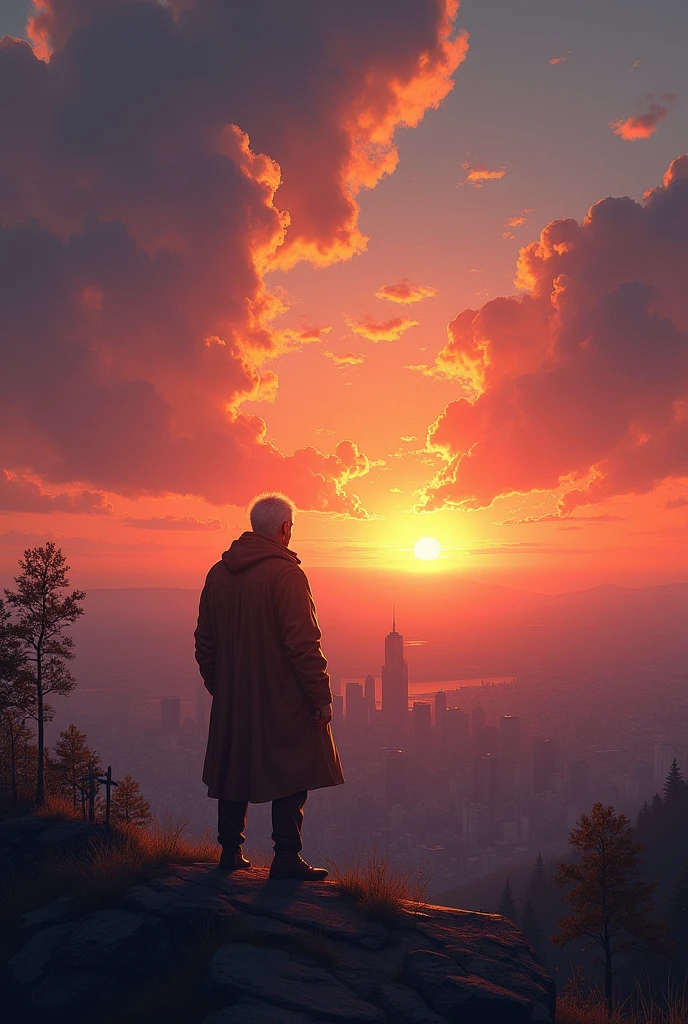 A beautiful sunset with Jonah standing looking out at the city in the ...