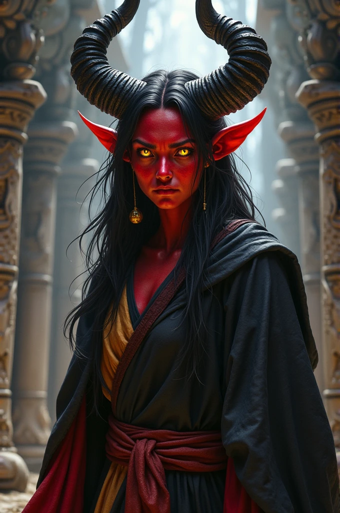 Character of d&d tiefling, high, with warm red skin with a black tip ...