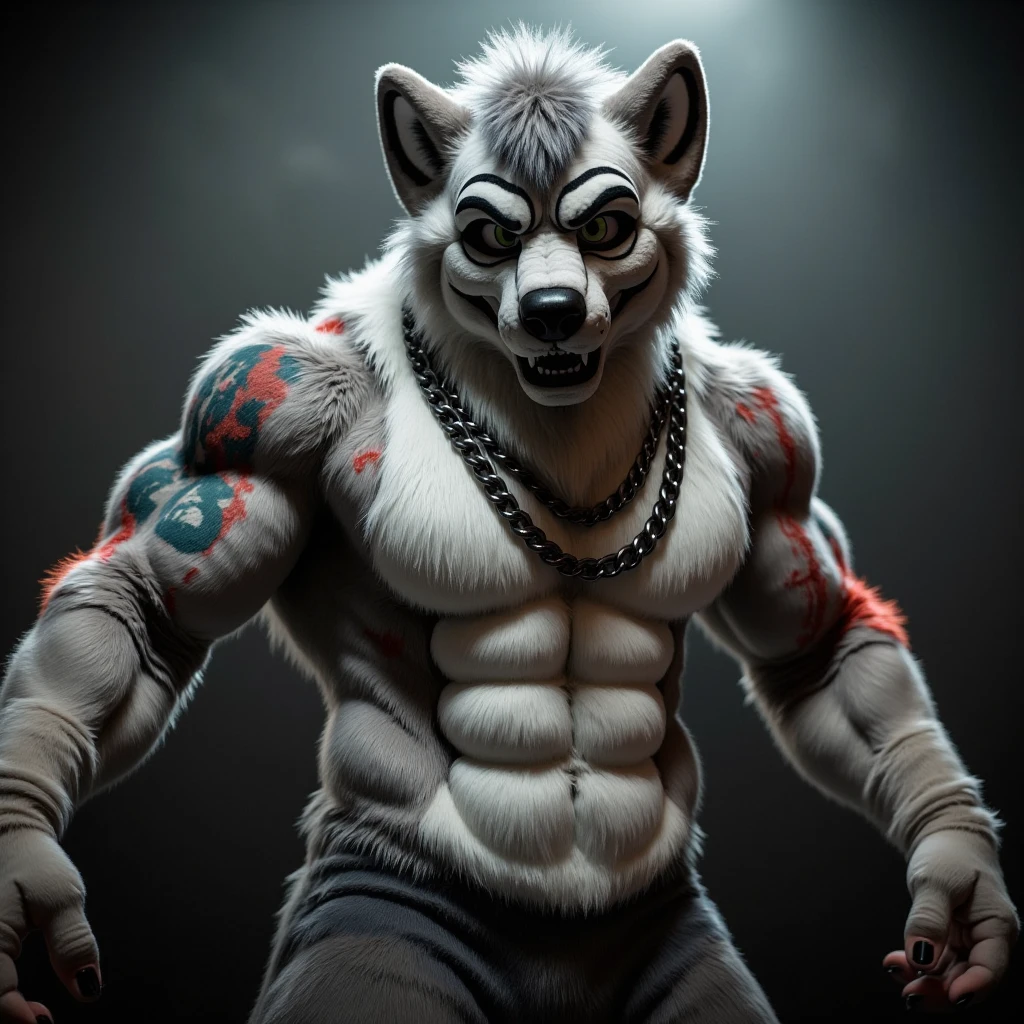 Fursuit male muscular werewolf with a fierce expression, light gray fur ...