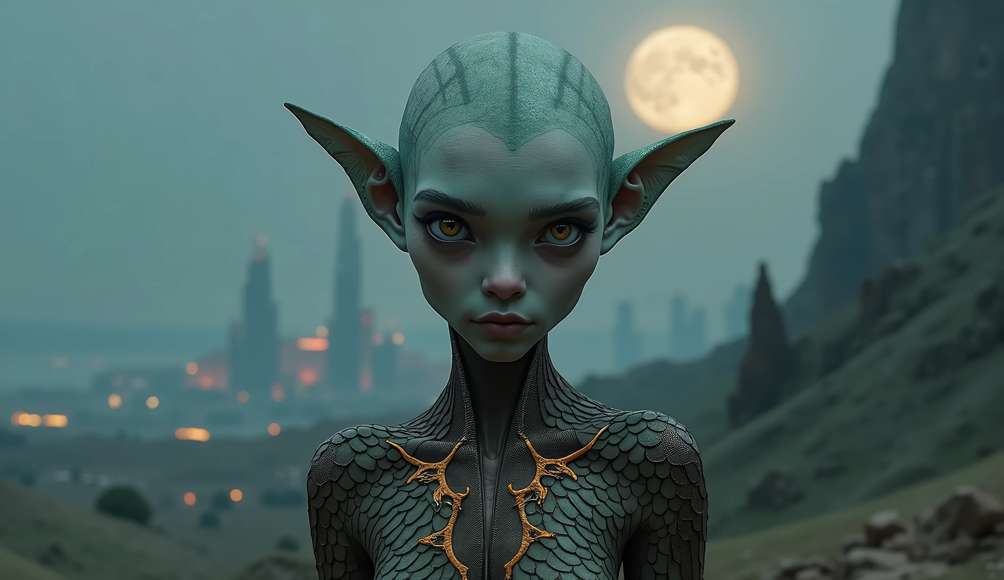 Alien woman with green hair and blue eyes standing in a field - SeaArt AI