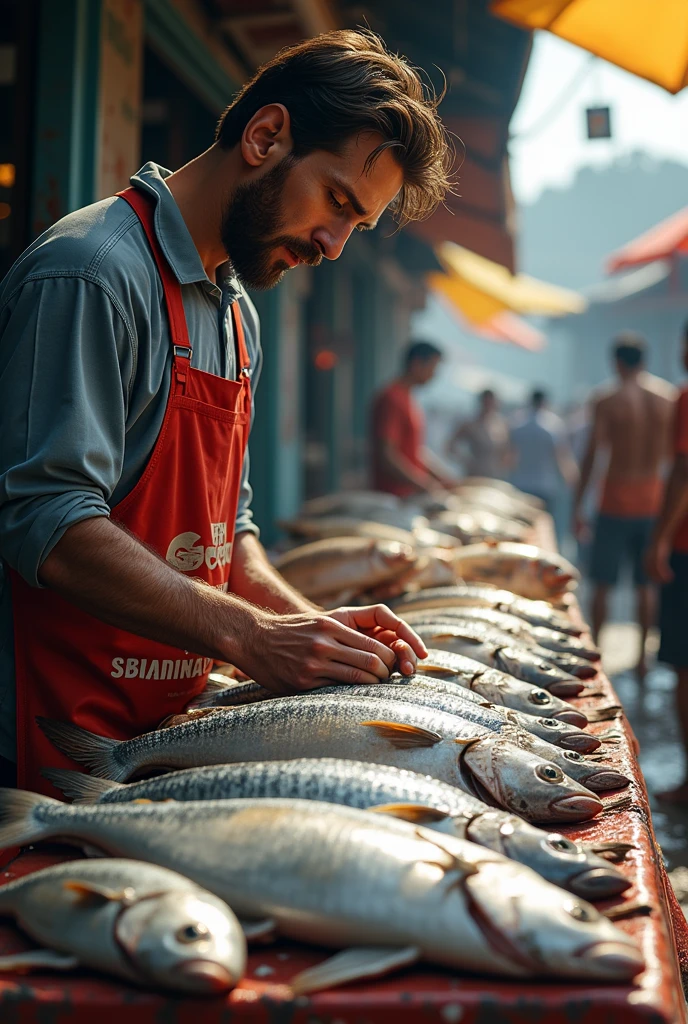 Lionel Messi is selling fish - SeaArt AI