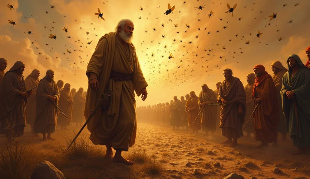 Make a realistic painting of the plague of flies in the time of Moses ...