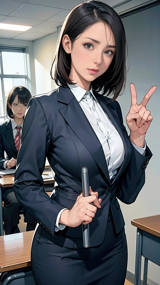 Mature woman,stern and confident expression, teacher figure, wearing ...