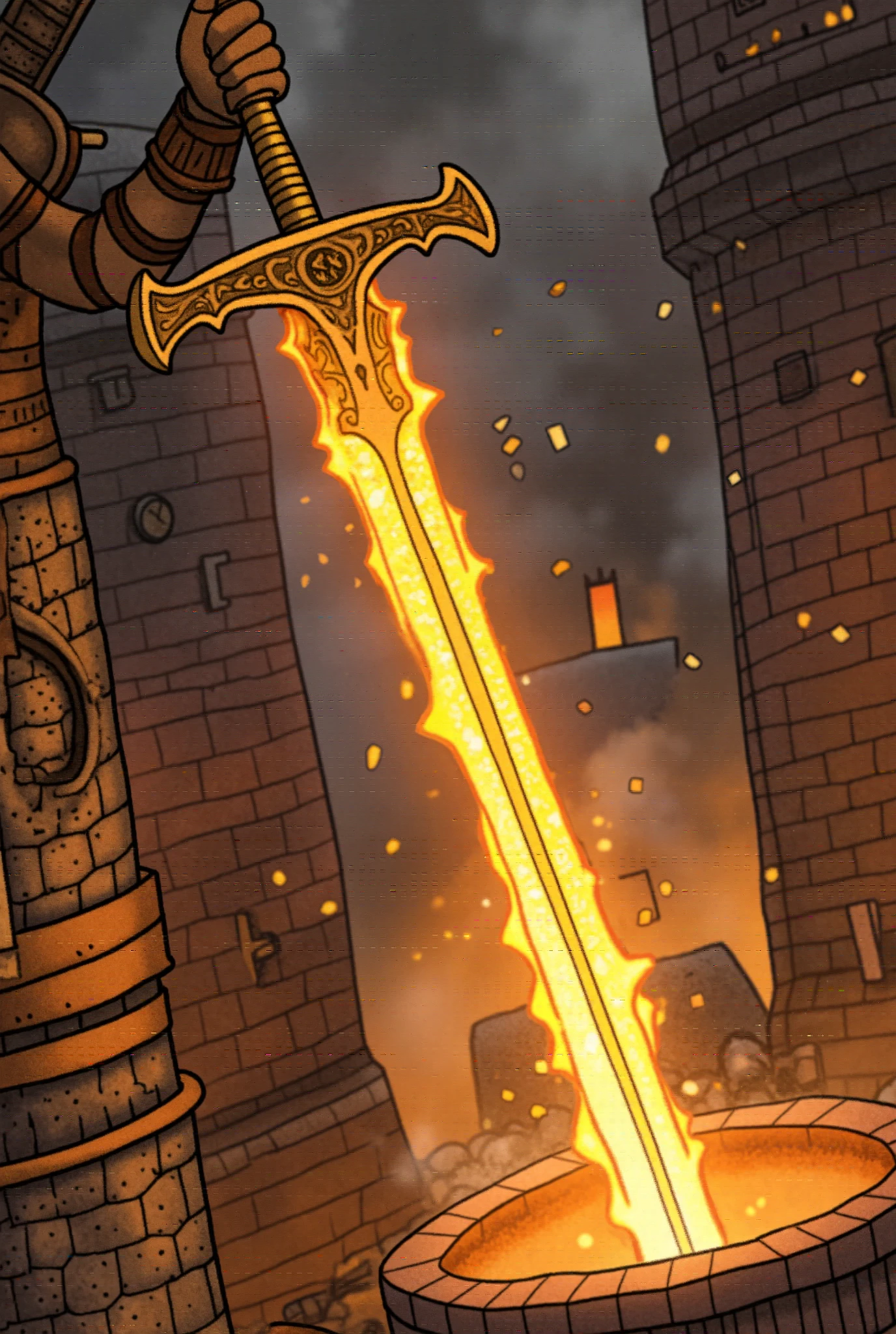 Cartoon of a sword with a fire in it in front of a castle - SeaArt AI