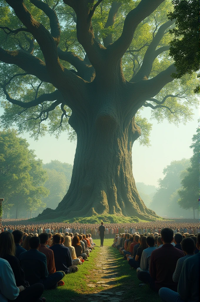 Make a lot of people sit in front of a big tree - SeaArt AI