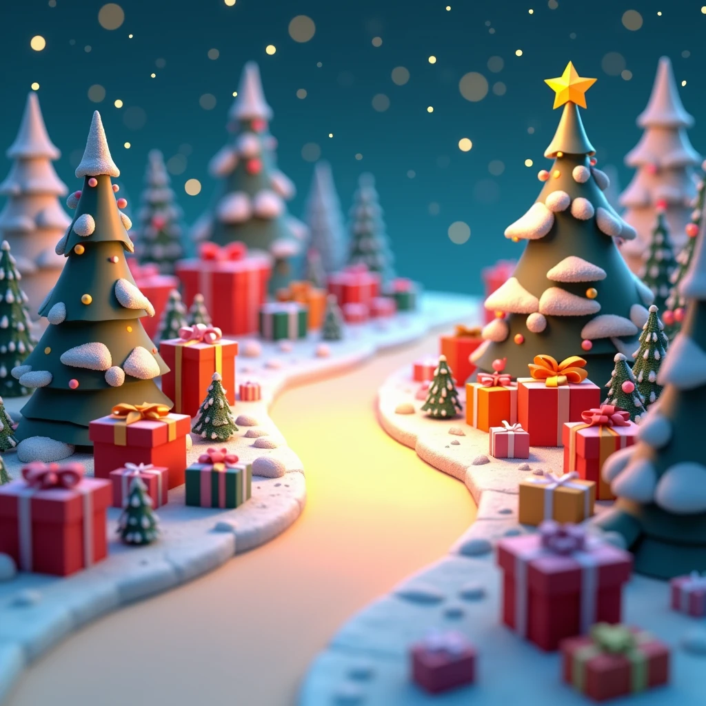 A straight forward path with a lot of christams objects like gifts or ...
