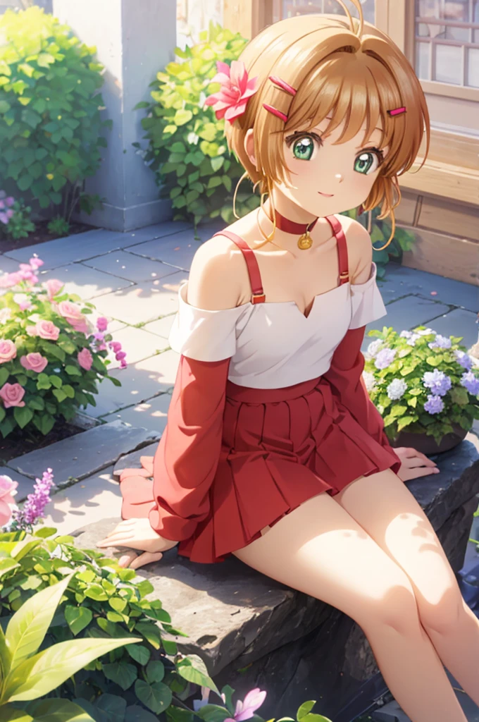 A beautiful girl in red skirt sitting on a stone wall with flowers ...