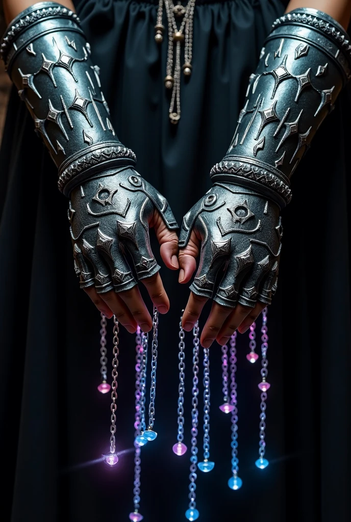 Dark metal gauntlets, decorated with runes that shine in the shape of a ...