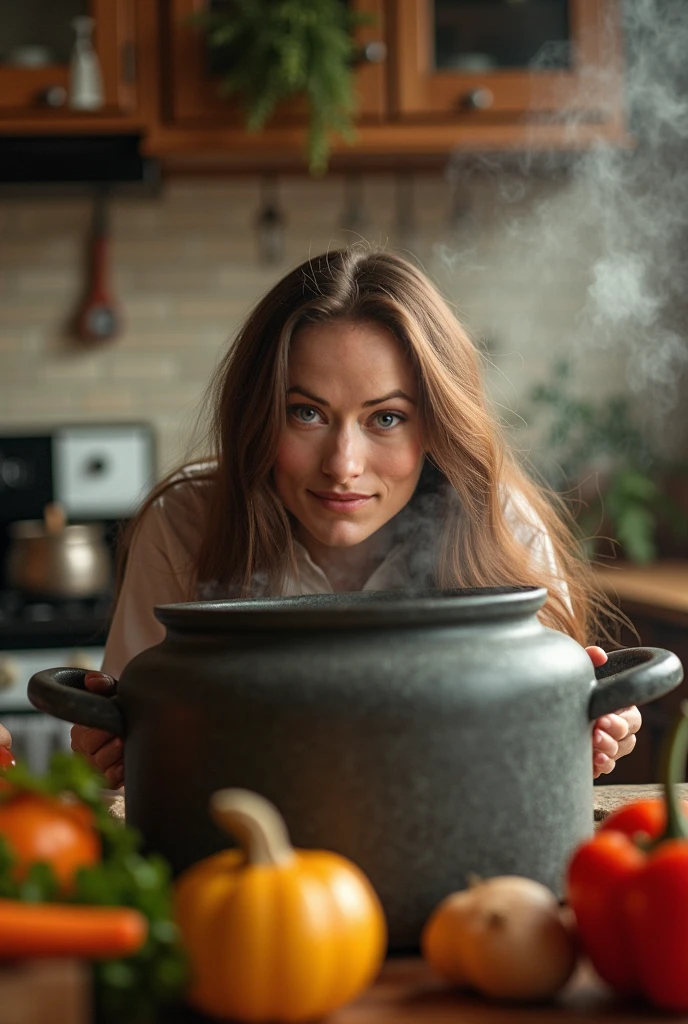 Close image of a woman head inside a cooking pot in the kitchen long ...
