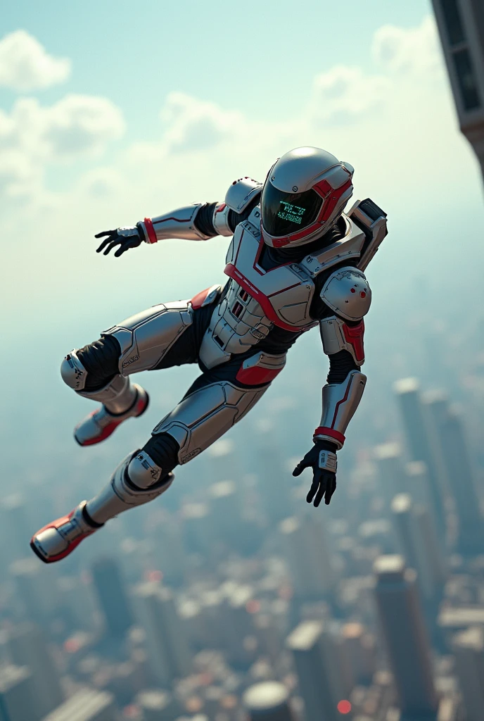 A futuristic military soldier is falling in mid-air from a dizzying ...