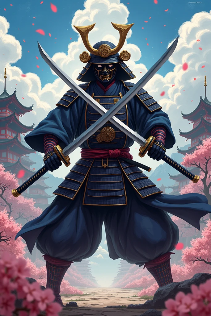 Samurai in anime style with two katanas in hand - SeaArt AI