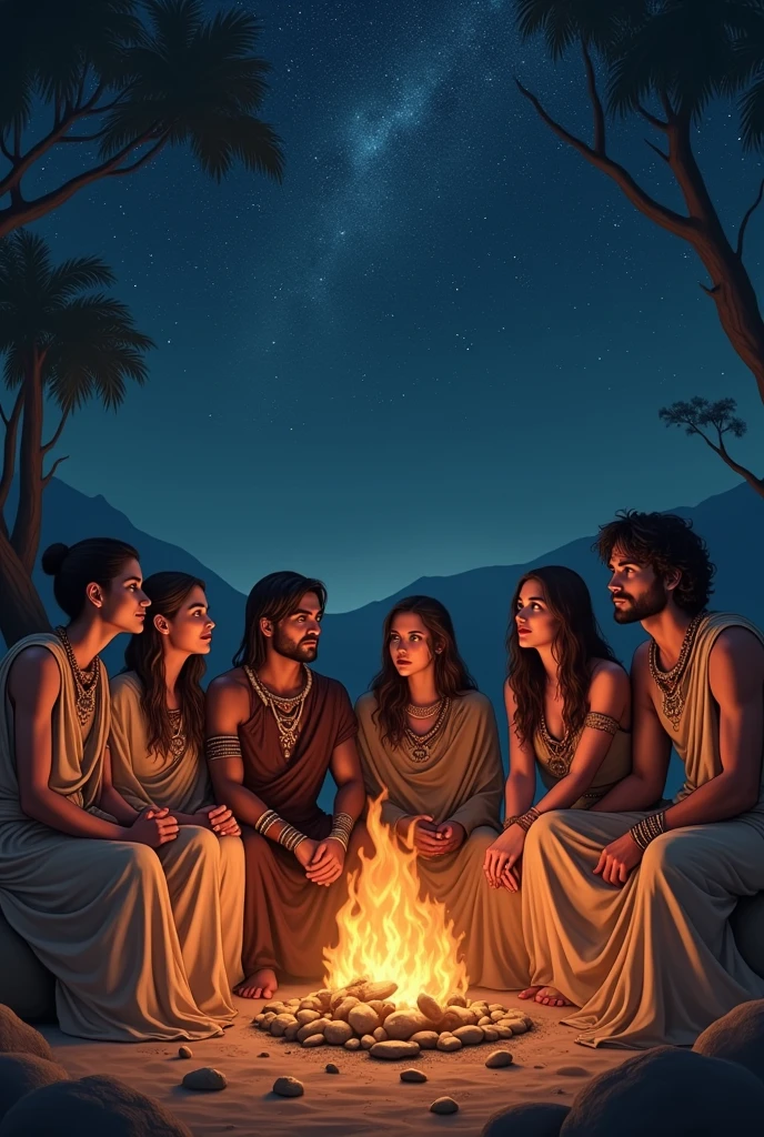 There were women and men sitting around the bonfire at night - SeaArt AI