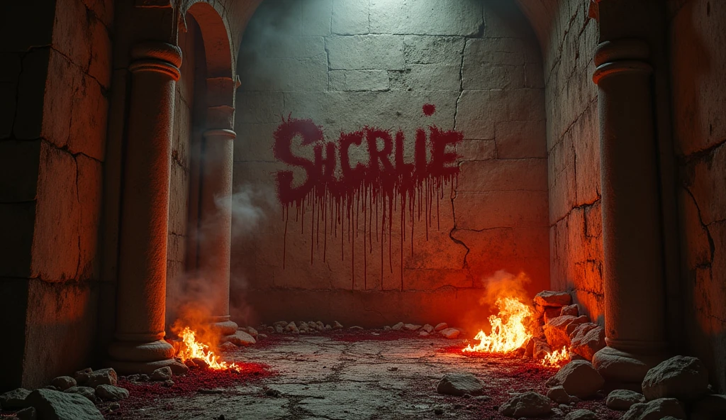Create a chilling and sinister scene inside a ruined, gothic church ...