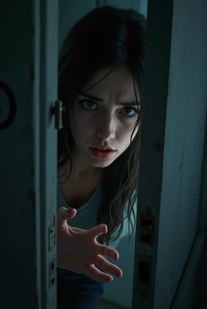 The woman was scared. Her hands trembled and looked through the hole of ...