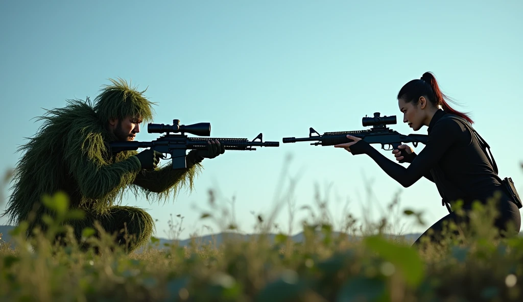 A dramatic action scene chinese sniper. Two person face off in a tense ...