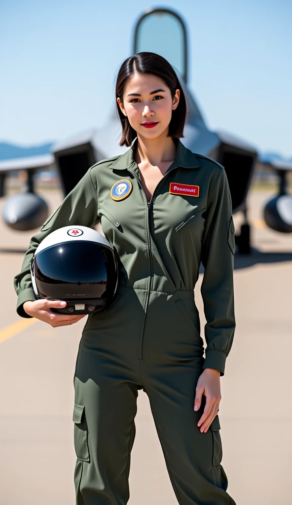 "A confident French fighter pilot in a green flight suit with her ...