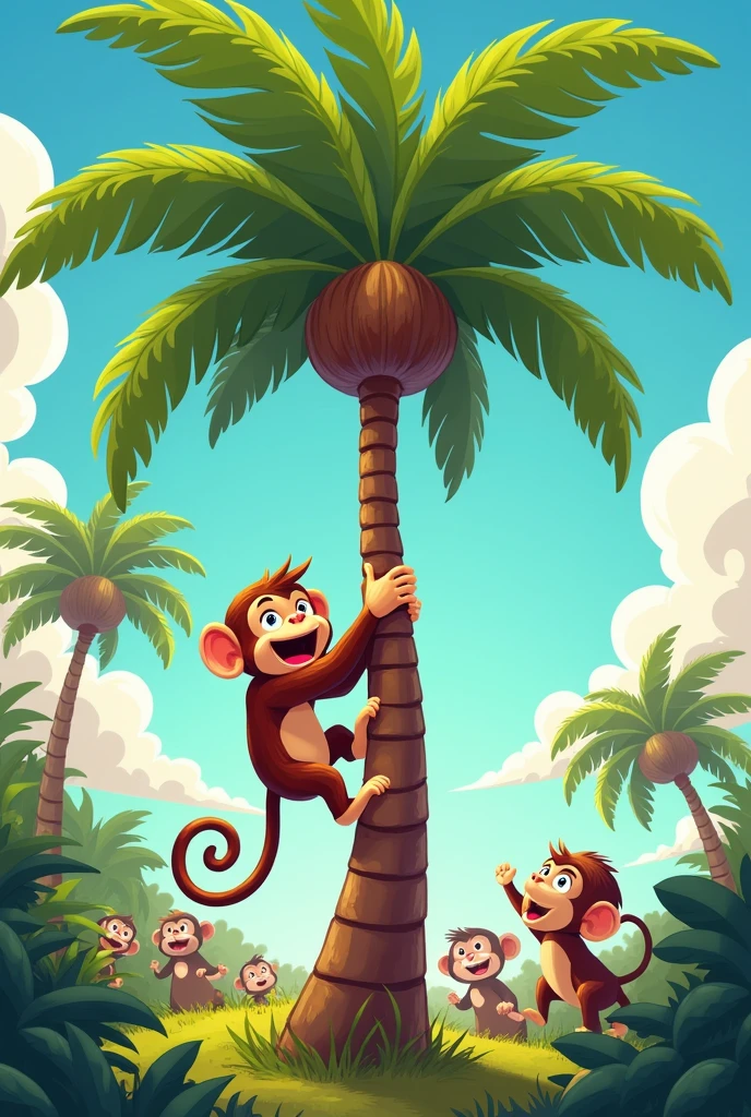 Create an illustration of a monkey participating in a coconut tree ...