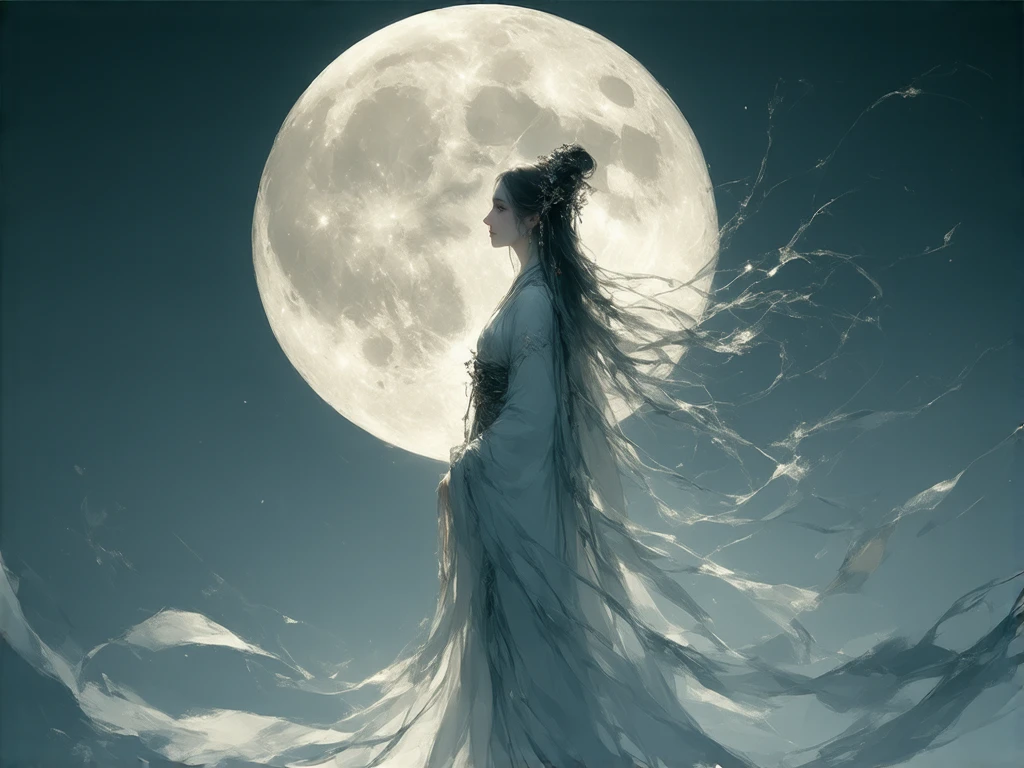 Illustration of a moon goddess standing with the moon in the background ...