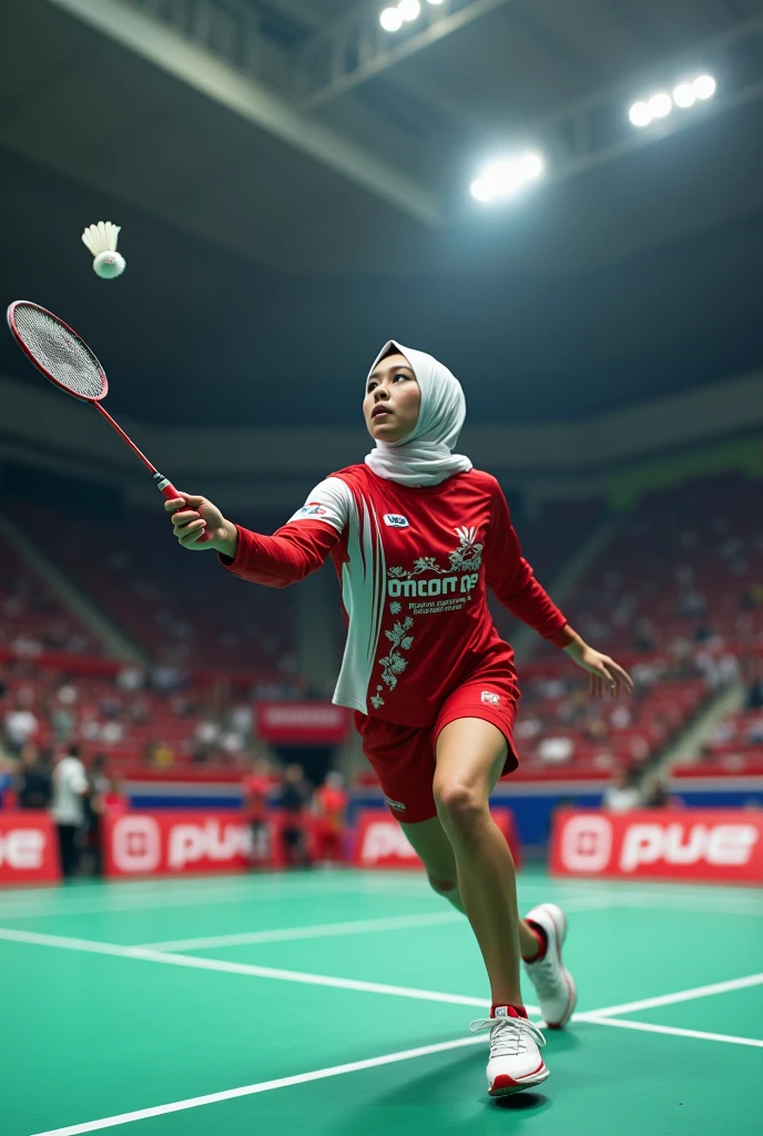 A female badminton athlete wearing an Indonesian hijab in a red and ...