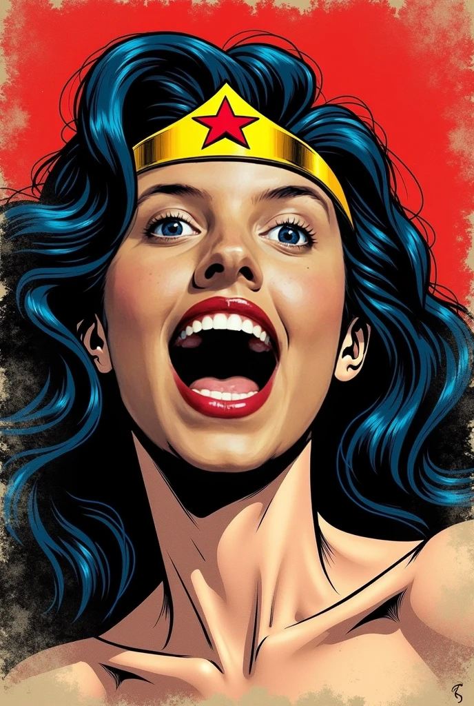 Wonder Woman with a manic smile, drawn in a classic comic book style ...