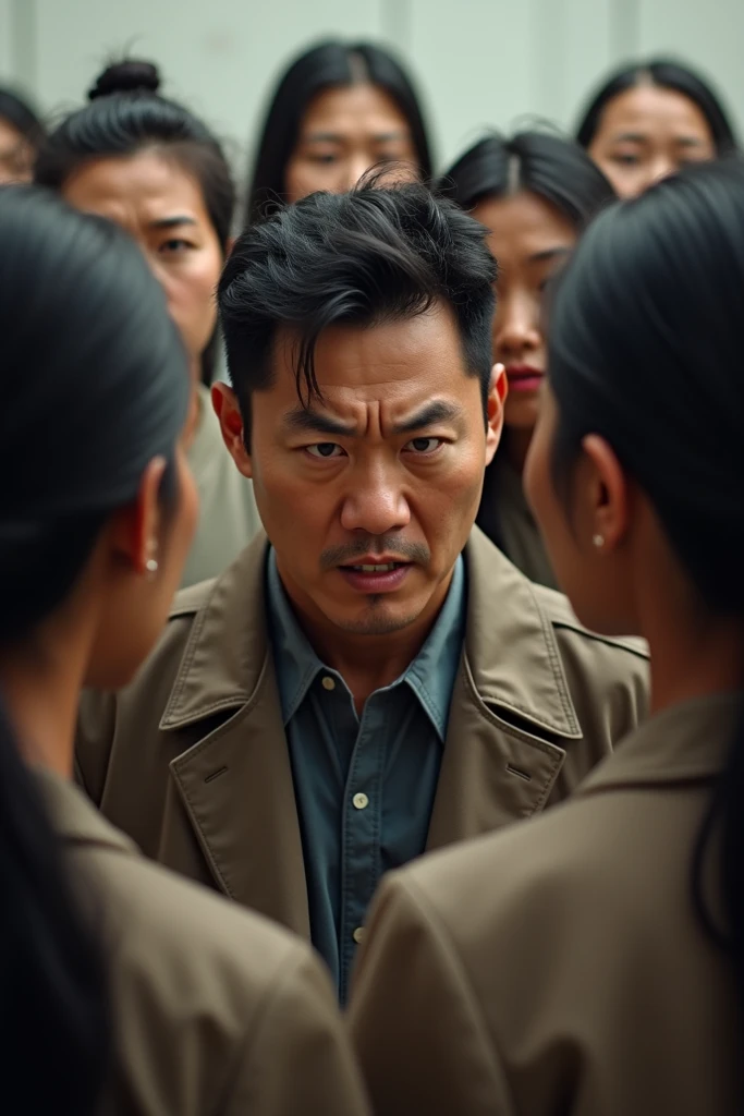 Angry Korean man surrounded by brown women - SeaArt AI