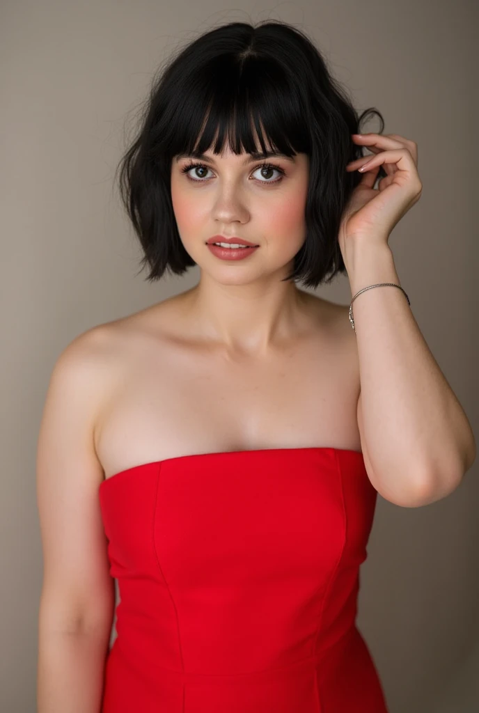 Angourie Rice, standing frontally, detailed face, red strapless dress ...