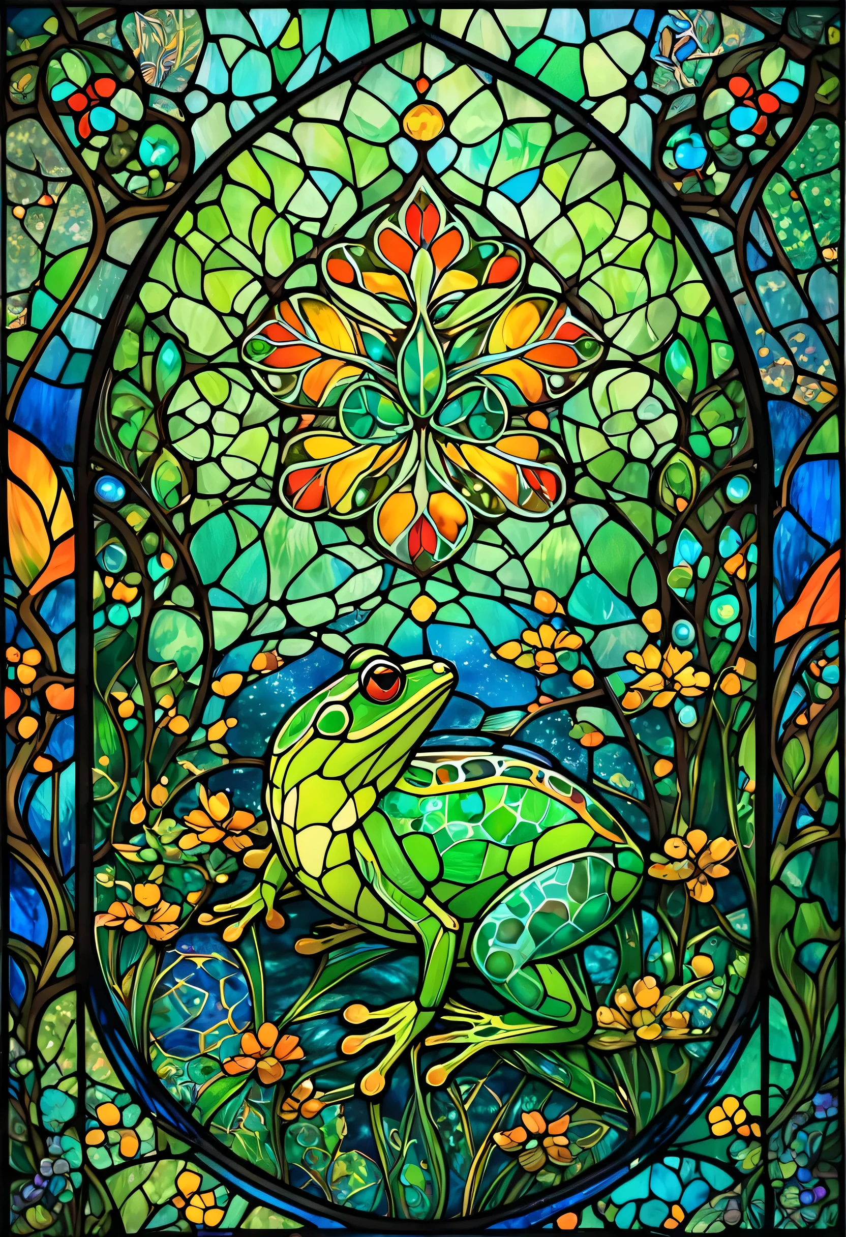 A close up of a stained glass window with a frog - SeaArt AI