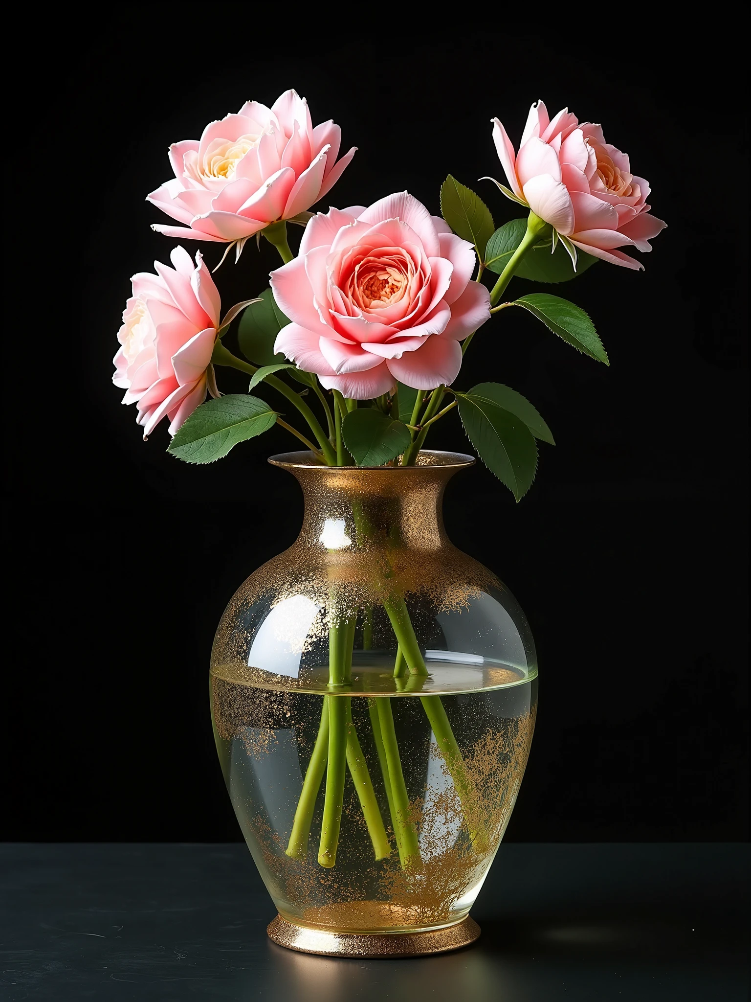 There are pink roses in a vase with water on a table - SeaArt AI