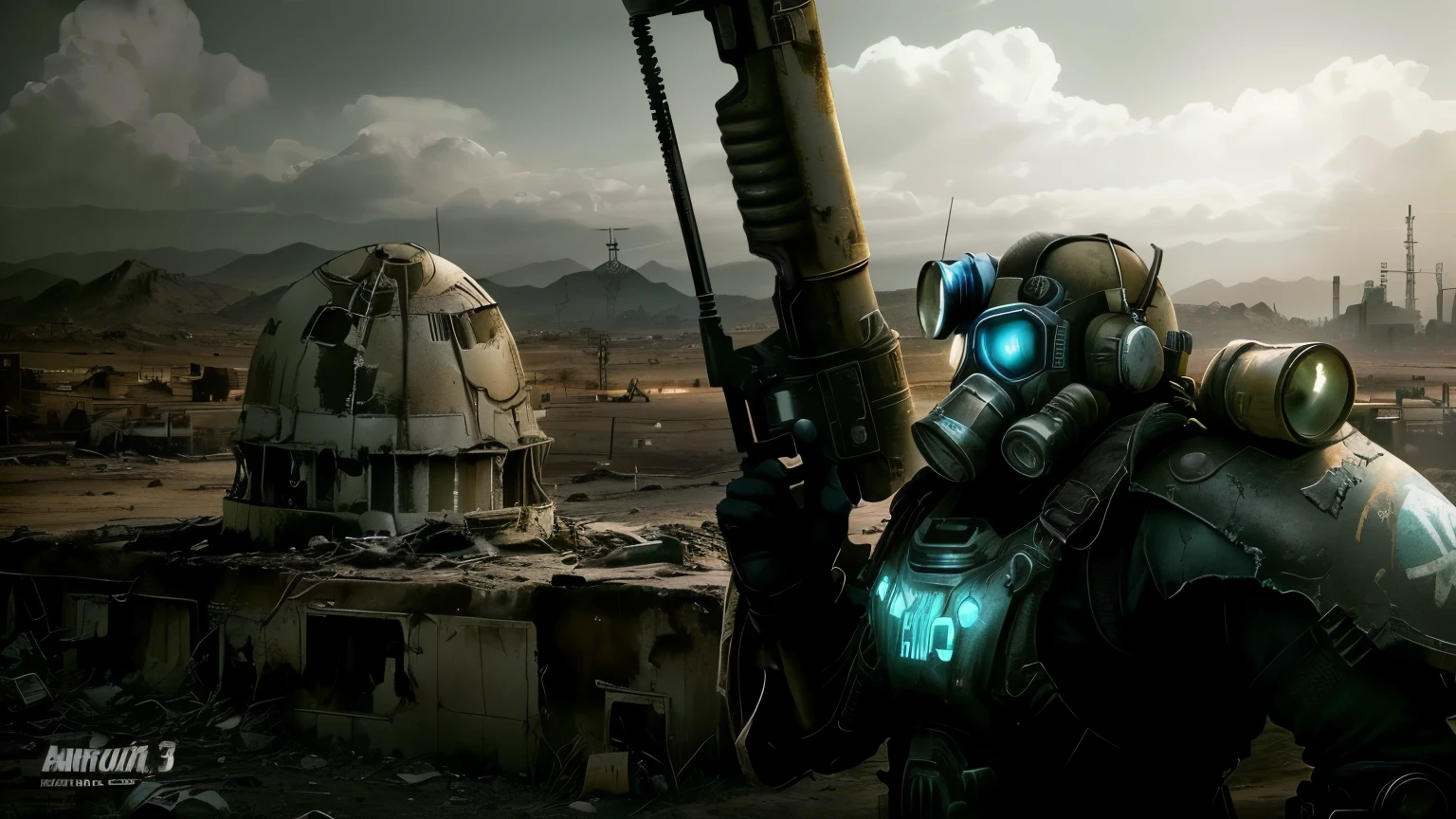 Arafed image of a man in a gas mask holding a gun, in the fallout ...
