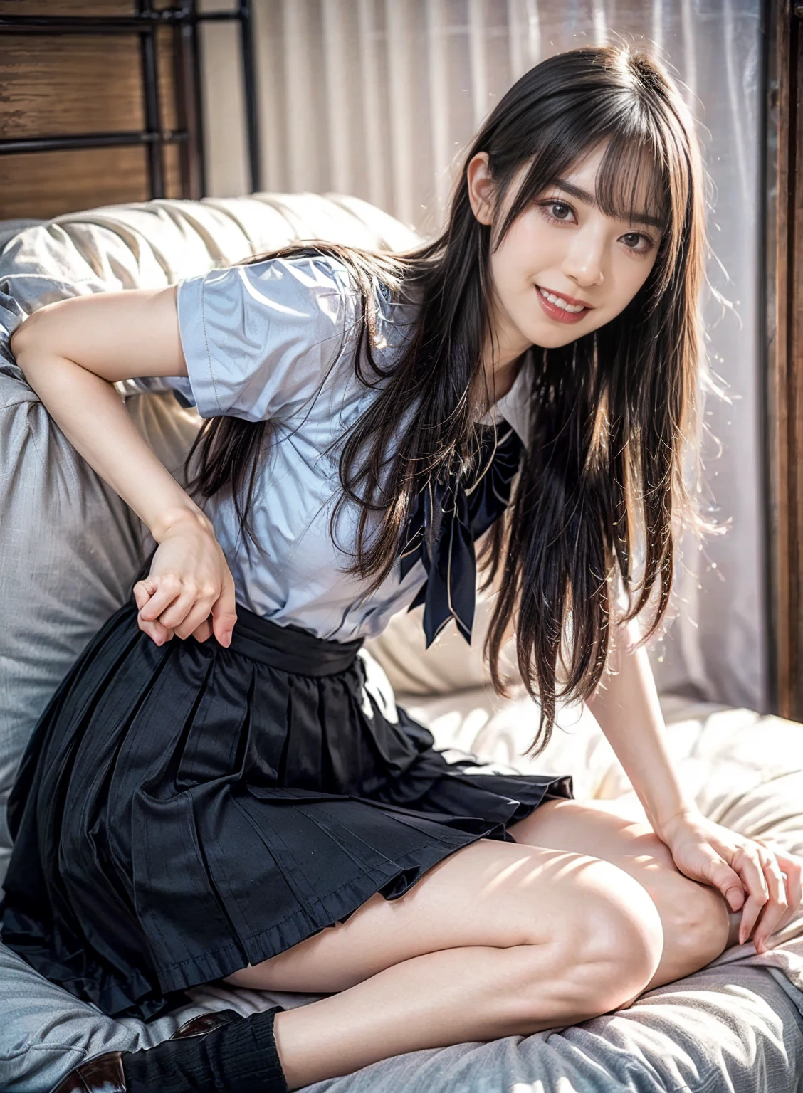 Arafed asian woman in a skirt and a white shirt posing for a picture - SeaArt AI