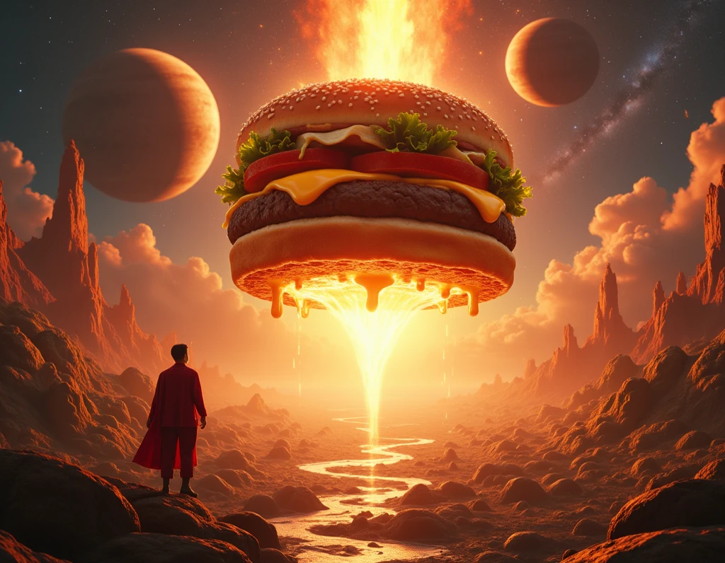 **"Create a cinematic, high-energy burger commercial. Start with a ...