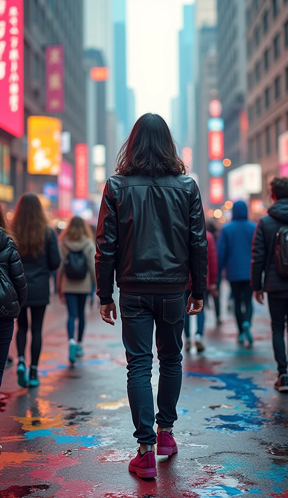 A stylized, full-length shot of a man walking forward through a city ...
