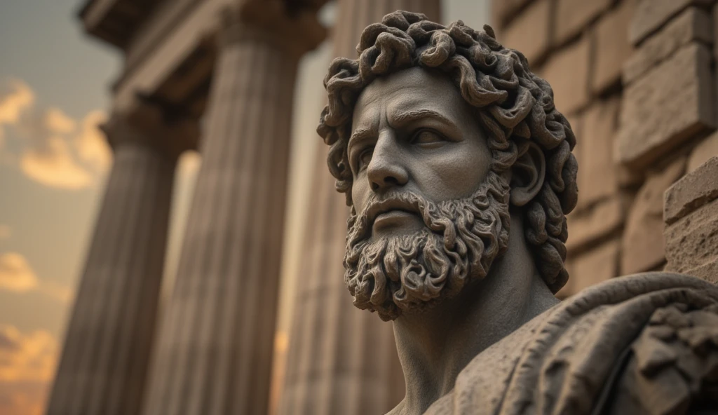 Closeup of a stoic Greek sculpture, virile physiques showcased ...