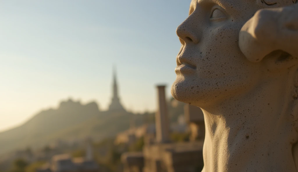 Close-up of a stoic Greek sculpture, virile physiques prominently ...