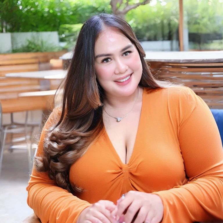 Bbw)))) a woman sitting at a table with fruit, long hair - SeaArt AI