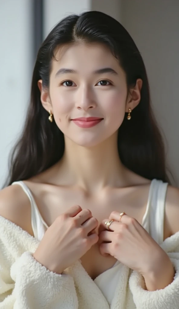 high definition 、 1 woman with a cute smile、 Wear fluffy off - SeaArt AI