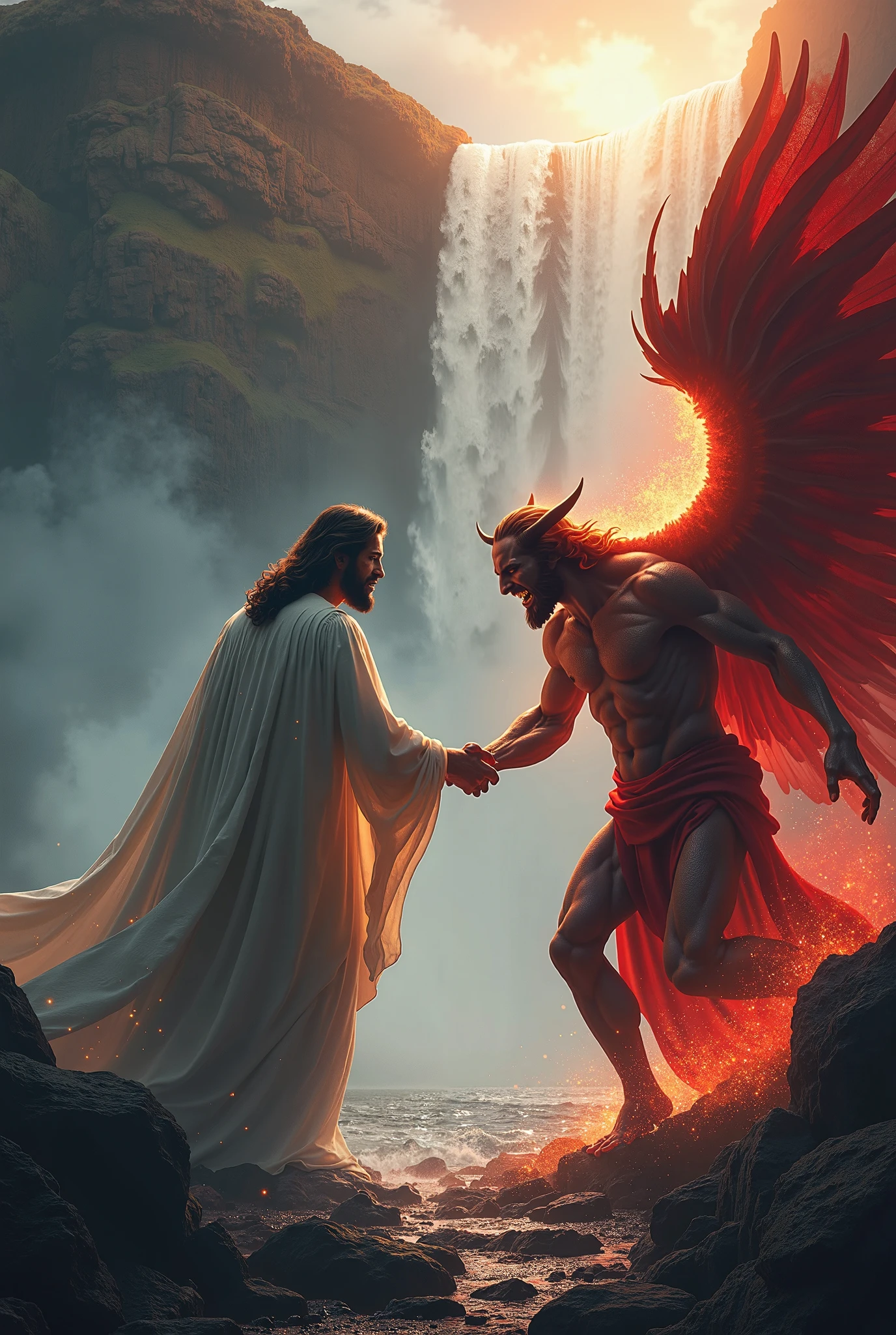 There is a man and a woman holding hands in front of a waterfall ...