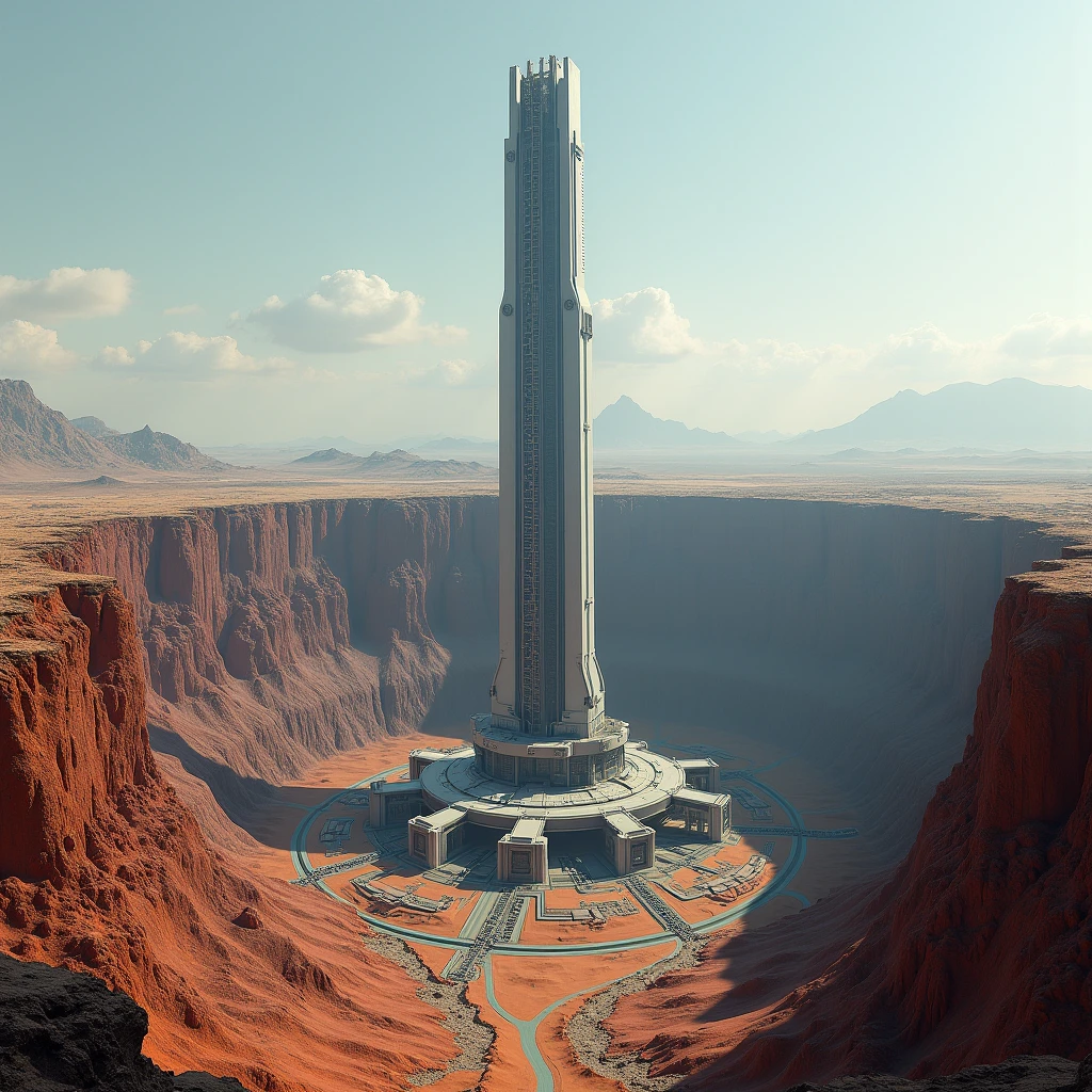 A futuristic landscape with a scientific tower jutting out of the giant ...