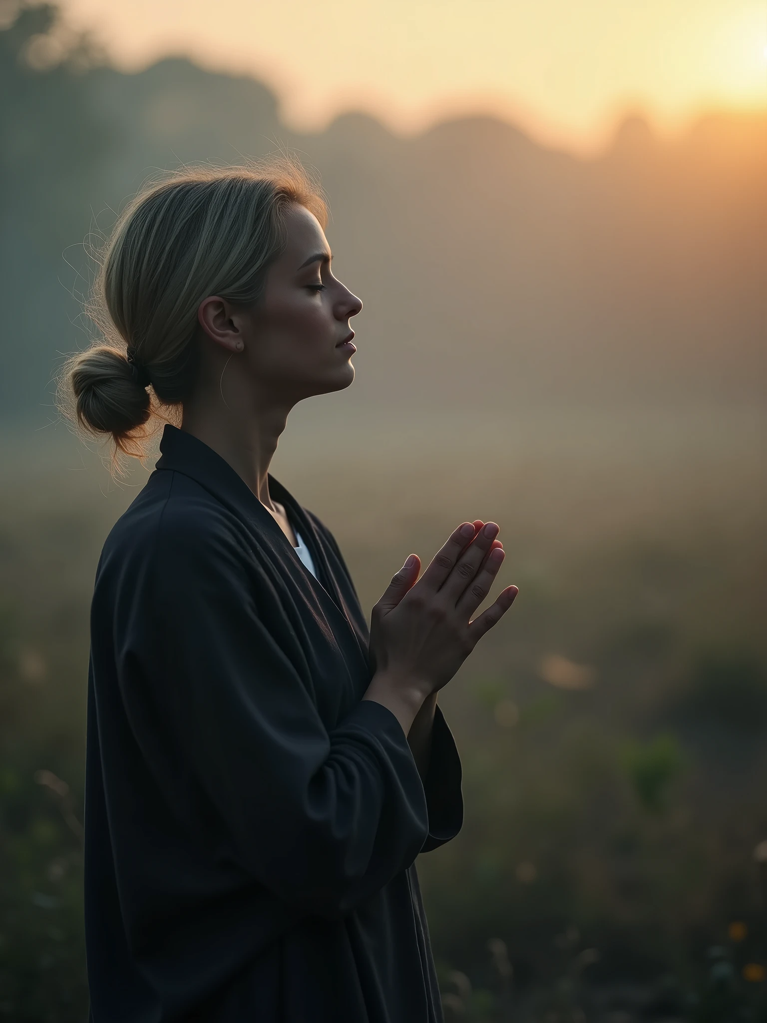 Woman in black robe standing in field with hands clasped in prayer ...